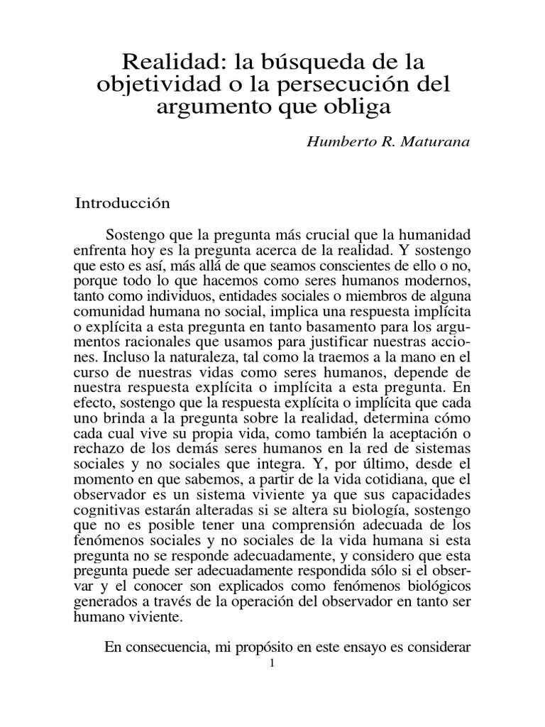 Maturana Humberto - Realidad La Busqueda de La Objetividad o La Persecucion Del Argumento Que ...