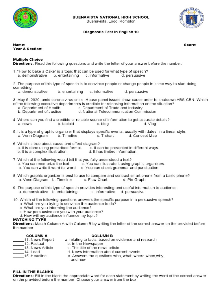 Assessment Eng 10 1-2 Week | PDF | News | Information