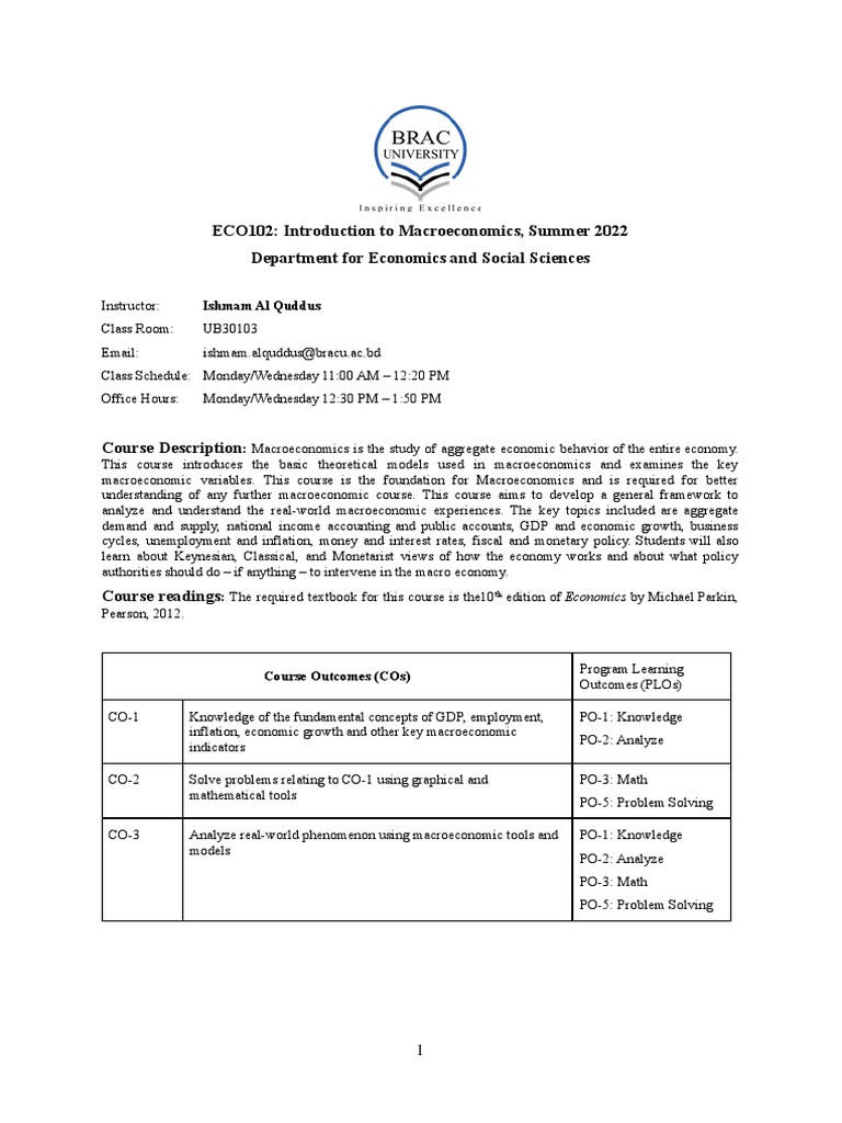 ISQ - ECO102 - Summer 2022 - Course Outline | PDF | Macroeconomics | Inflation
