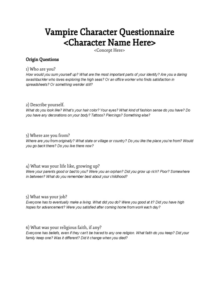 Vampire Character Questionnaire | PDF | Intimate Relationships