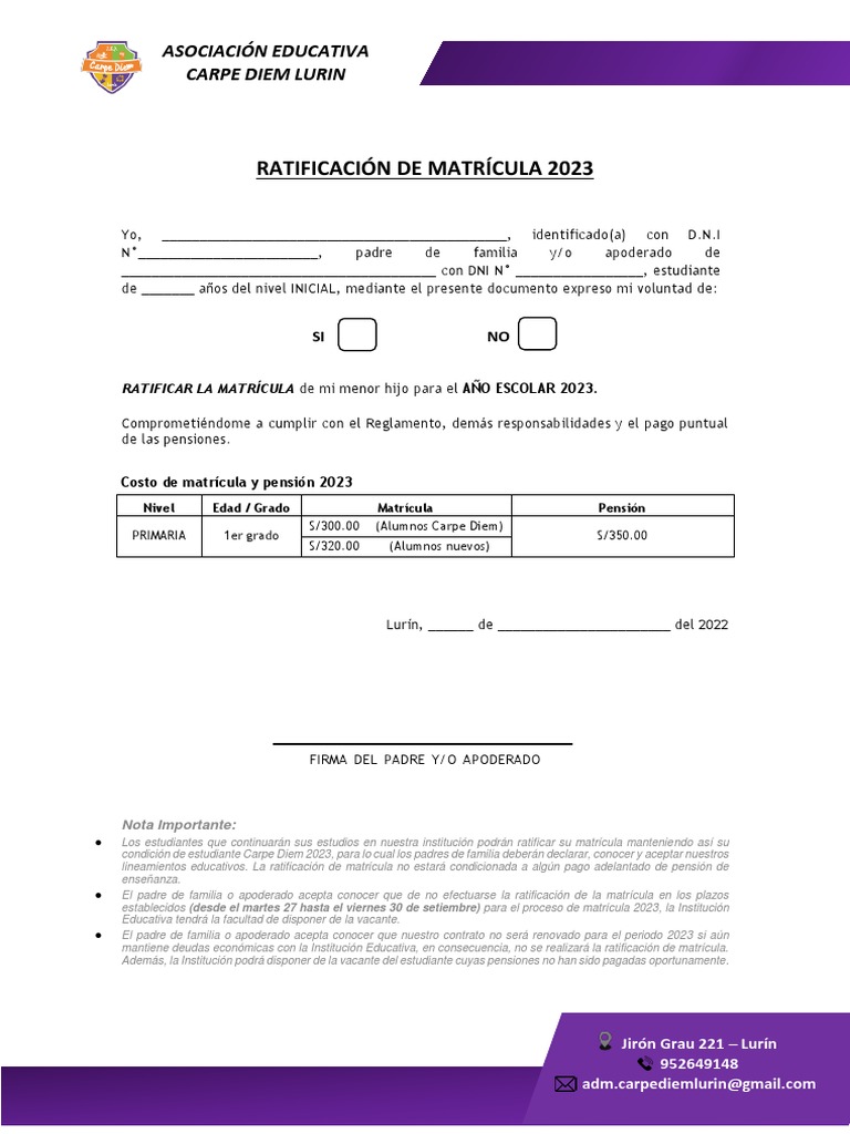 Ratificacion de Matricula Primaria-2023 | PDF