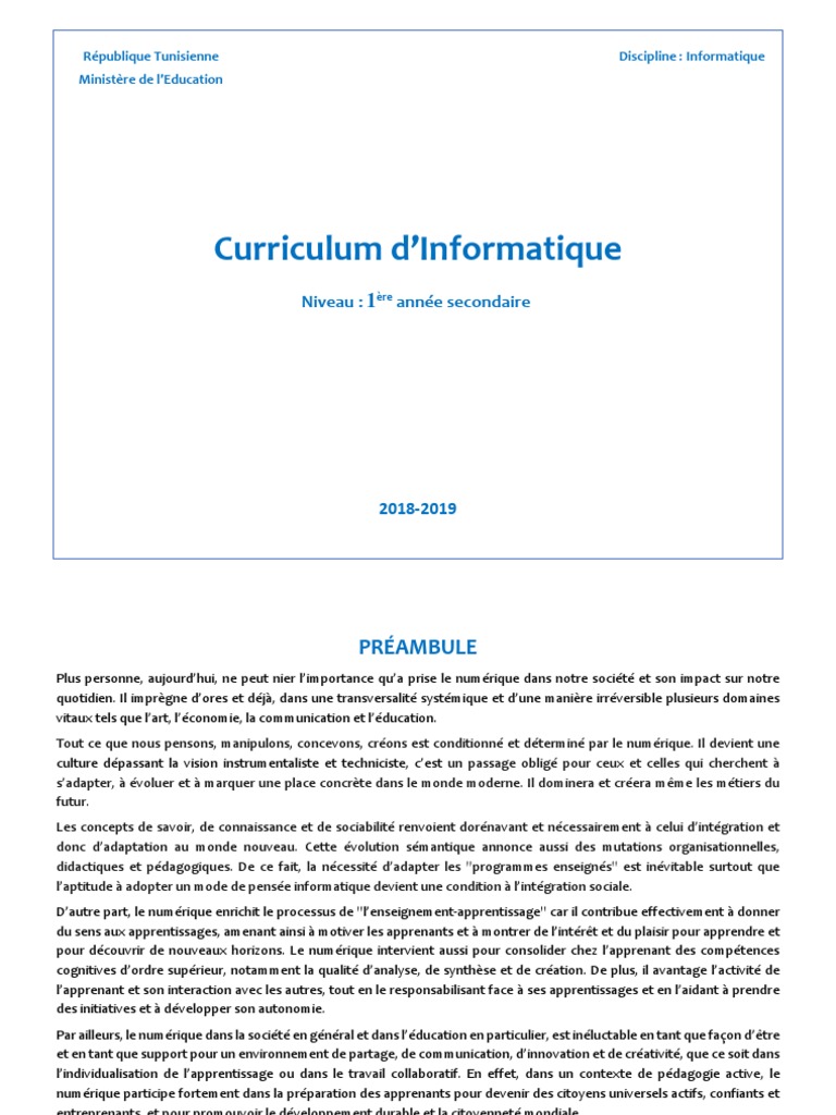 Curriculum D'informatique - 1ère Année | PDF | Pédagogie | Programmation informatique
