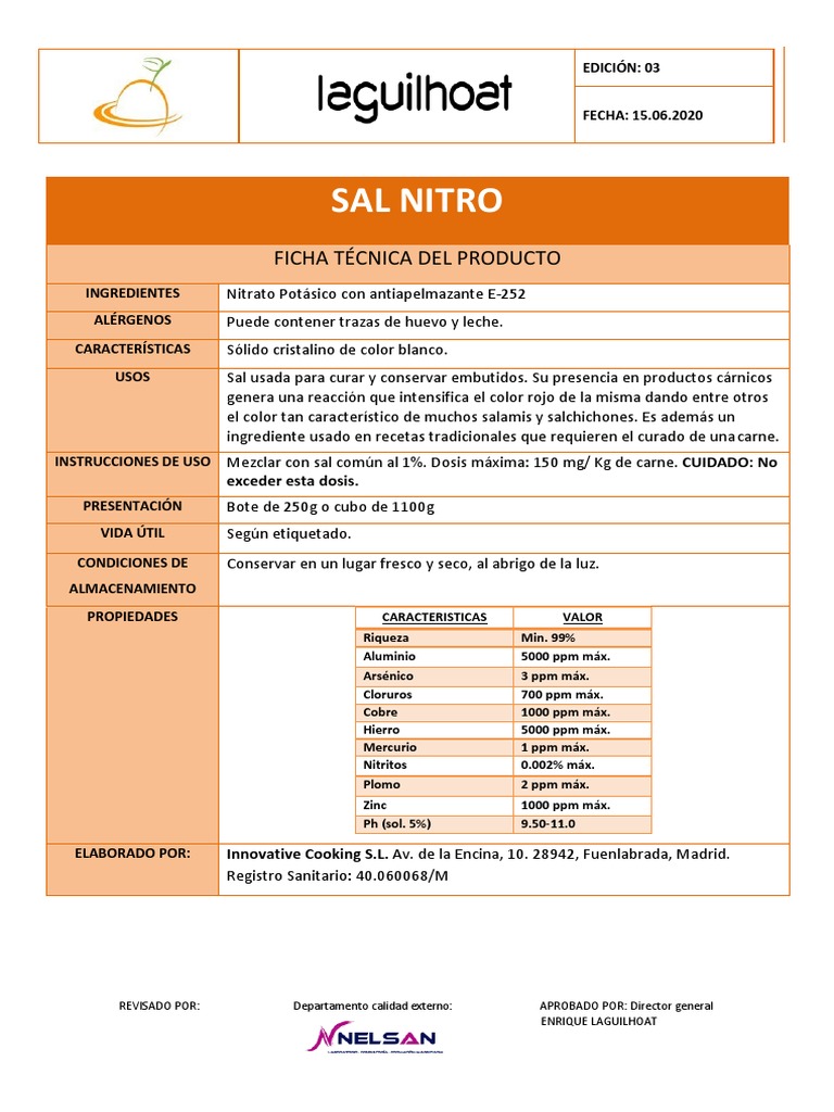Ficha Técnica de Sal Nitro para Embutidos | PDF | sal | Carne