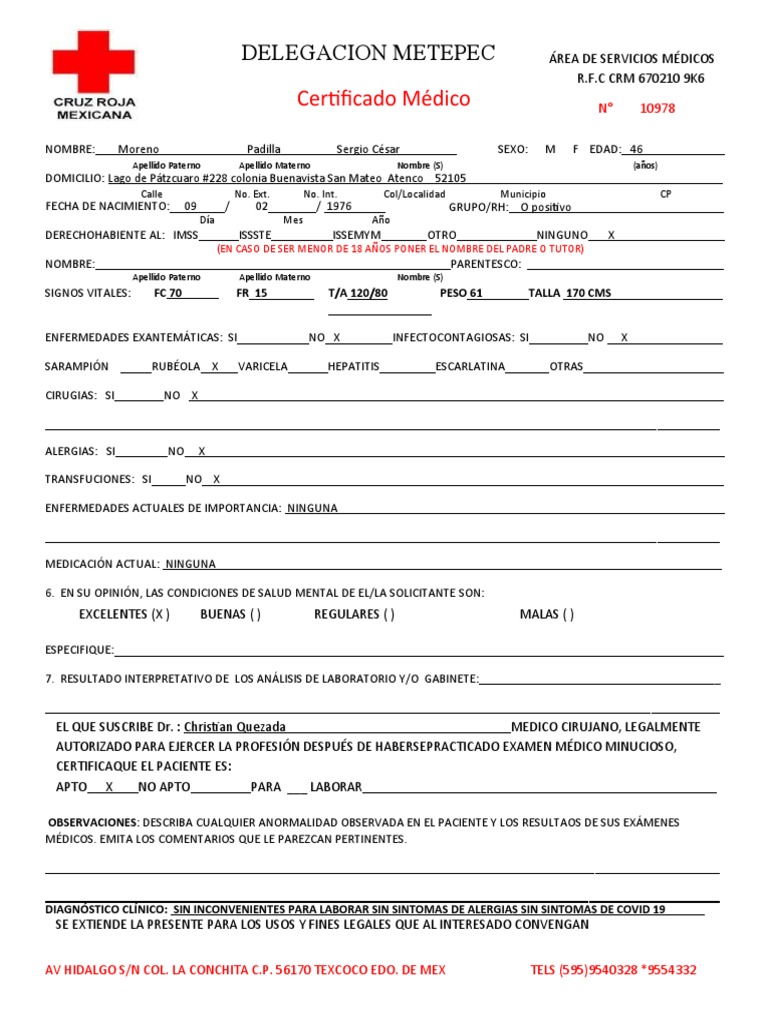 Certificado Medico Cruz Roja | PDF | Servicios públicos | Ciencias de la Salud