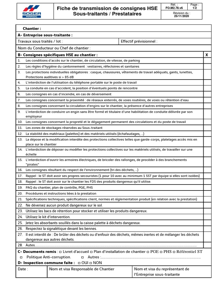 Fiche de Transmission des Consignes HSE | PDF | Déchets | Sécurité