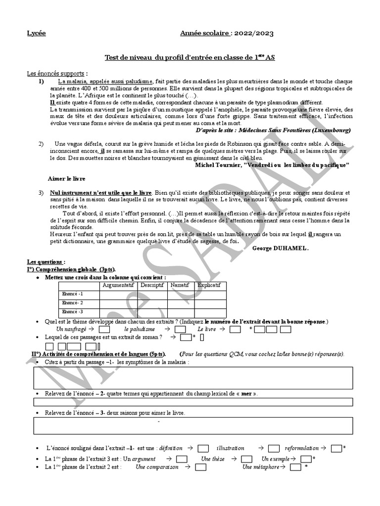 Test de niveau en classe de 1ère AS | PDF | Paludisme | Phrase