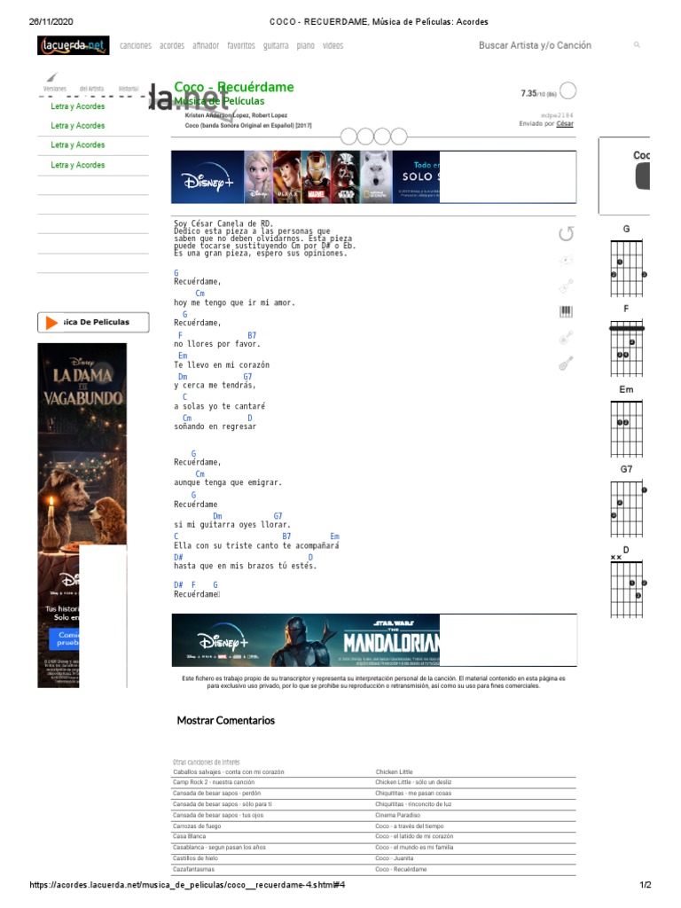 COCO - RECUERDAME, Música de Películas - Acordes | PDF