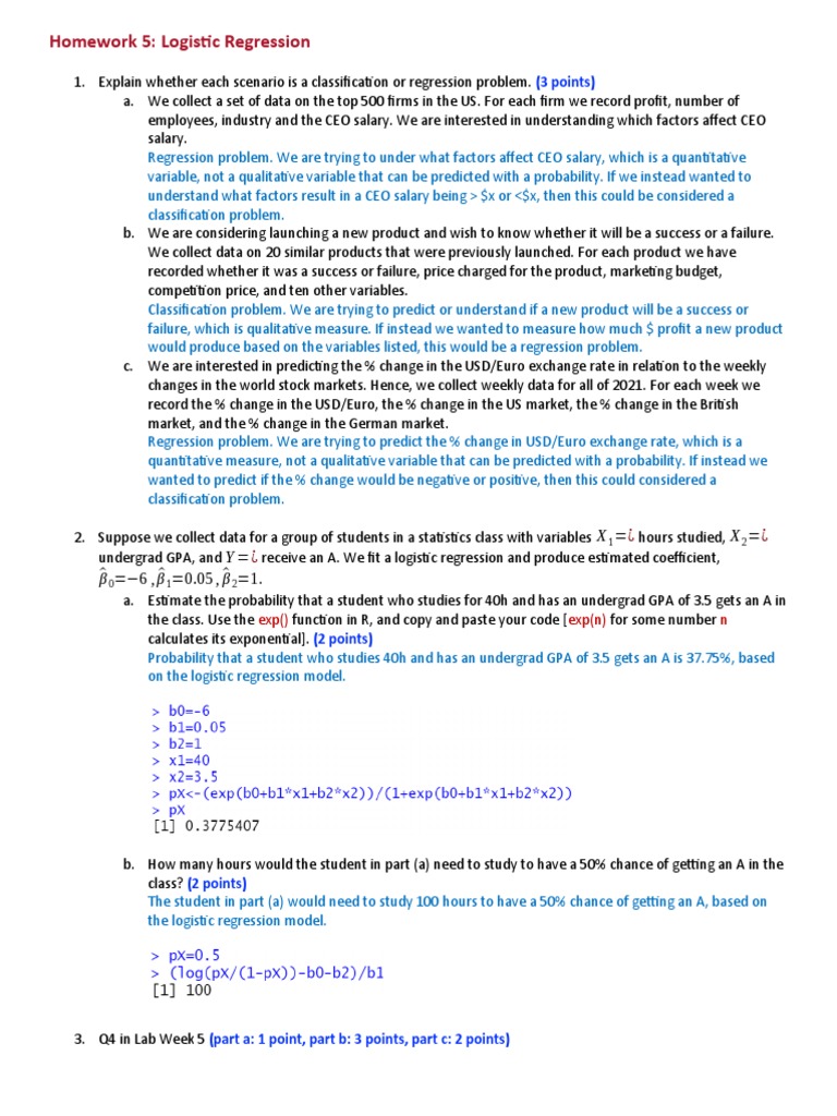 Homework 5 - Logistic Regression in R | PDF | Logistic Regression | Regression Analysis