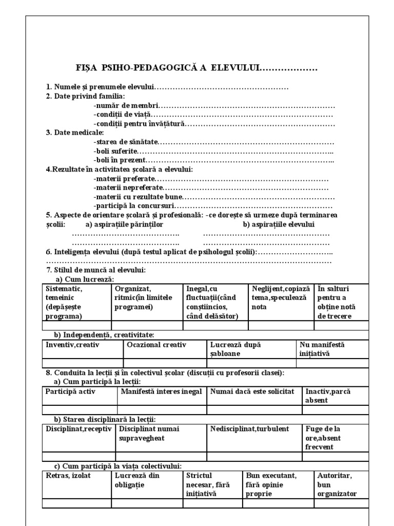 Fisa Psihopedagogica A Elevului | PDF