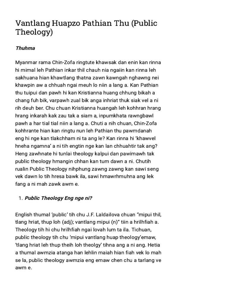 Vantlang Huapzo Pathian Thu (Public Theology) - Lalthuamliana | PDF ...