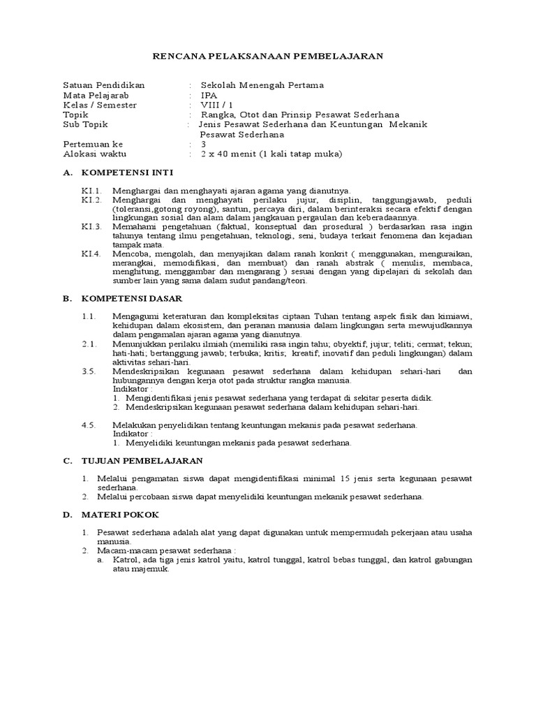 RPP Jenis Pesawat Sederhana | PDF