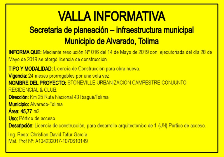 VALLA INFORMATIVA (Inicio de Obras) Pórtico de Acceso | PDF