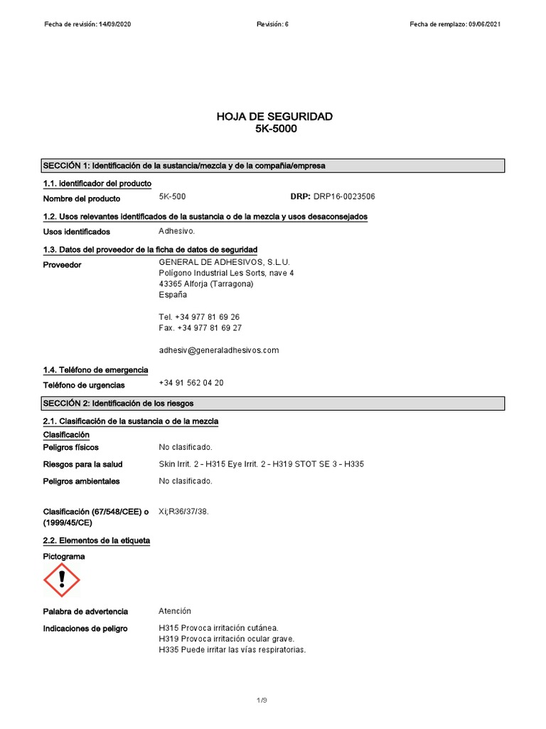 5K - 5000 MSDS | PDF | Agua | Química