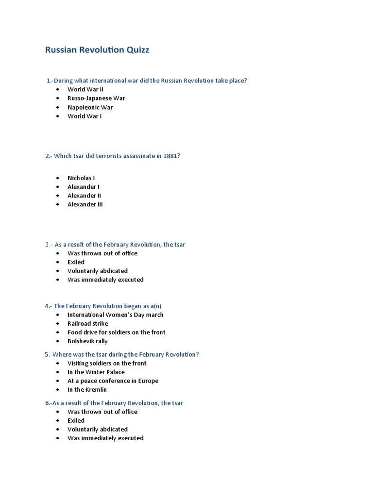 Russian Revolution Quiz Questions | PDF | Russian Revolution | Vladimir ...