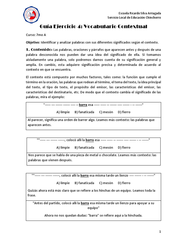 Ersa Parap 002 Guia Ejercicios 4 Vocabulario Contextual 7mo Basico 6 Abril 2020 | PDF | Mecánica ...