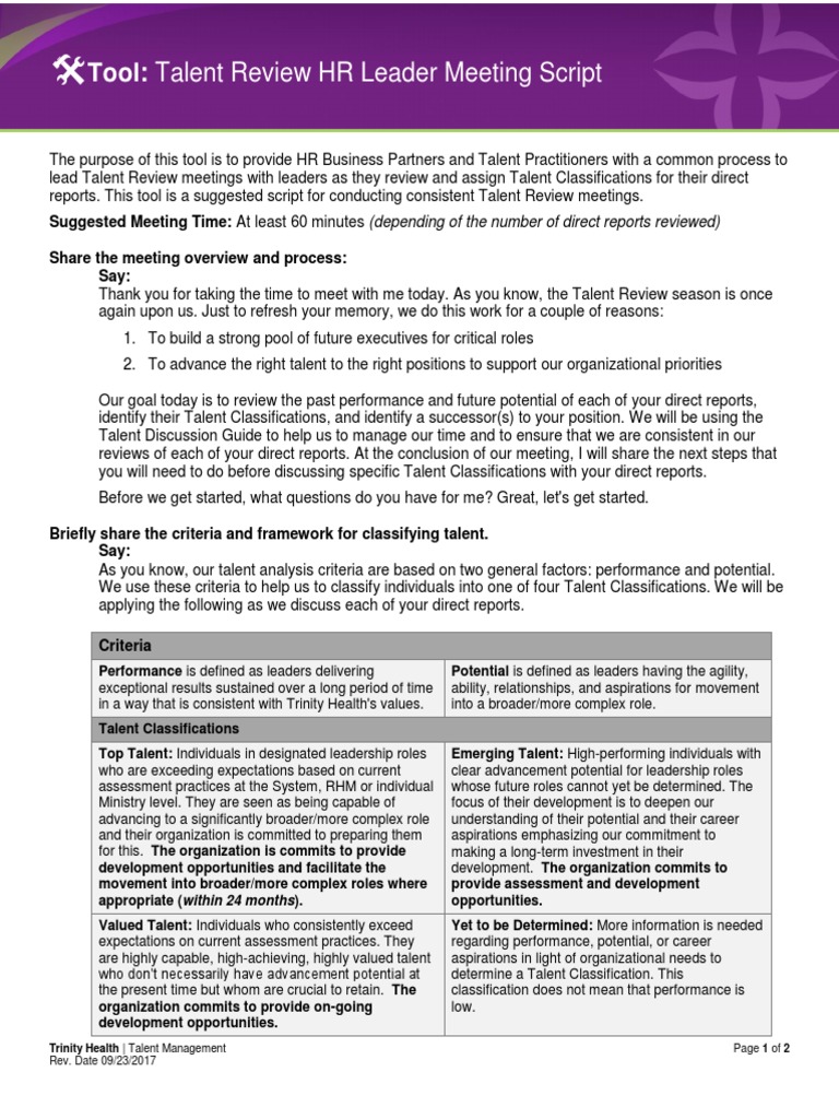 Talent Review HR Leader Meeding Script | PDF | Leadership | Behavioural Sciences
