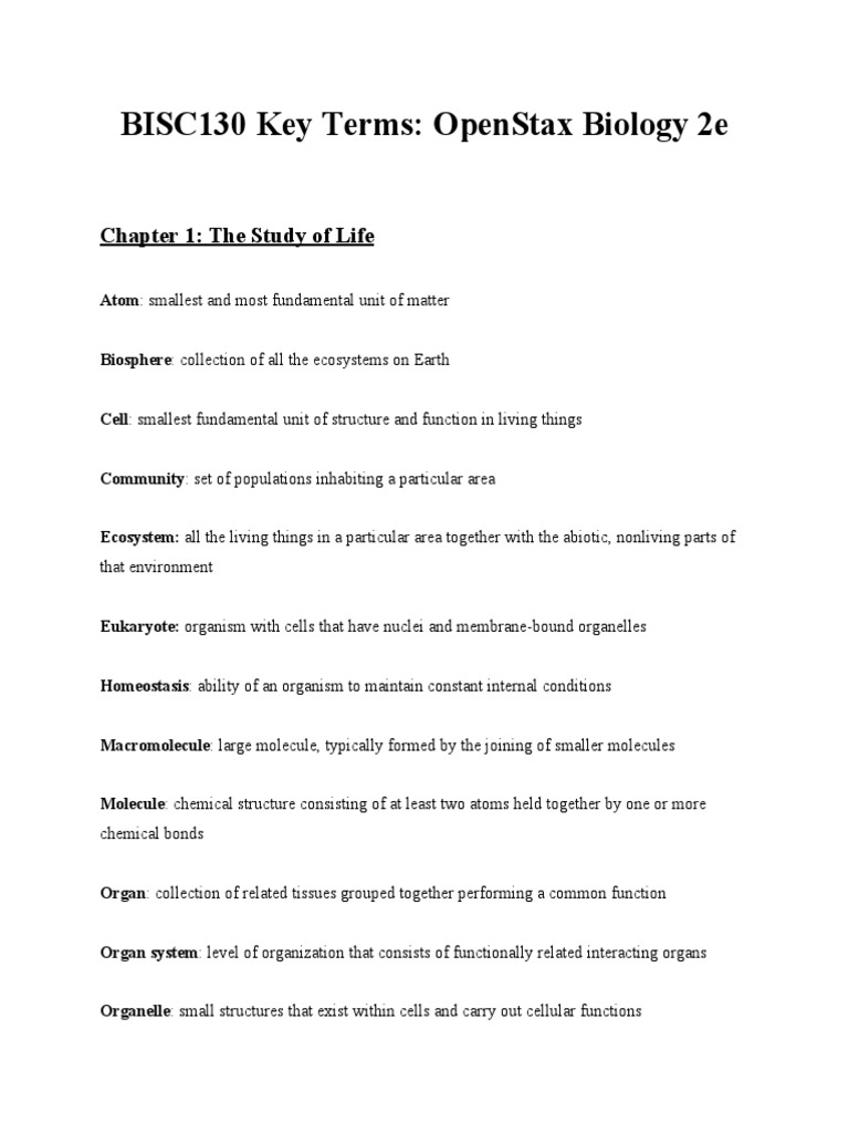 BISC130 - Key Terms - OpenStax Biology 2e | PDF | Cell Membrane | Gene