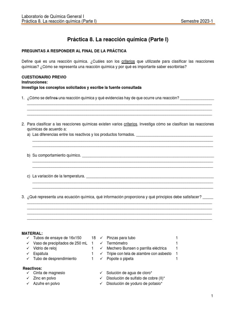 Practica 8 Reaccion Quimica I 2023-1 | PDF | Reacciones químicas | Carbonato