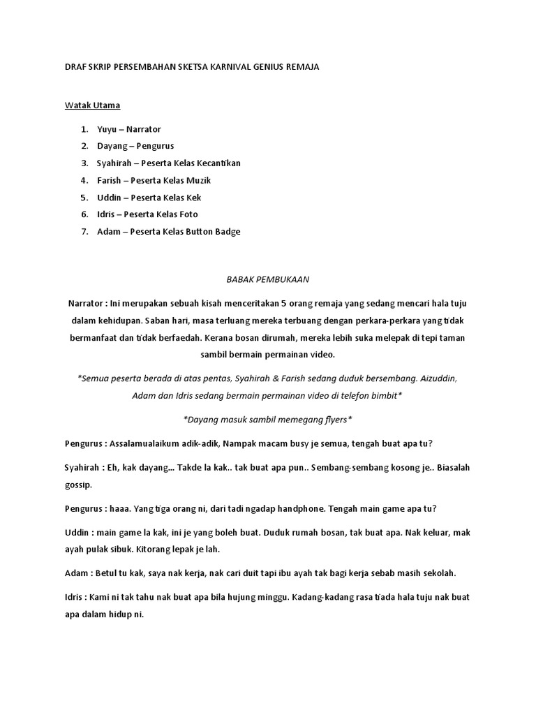 Draf Skrip Persembahan Karnival Genius Remaja | PDF | Ilmu Sosial ...