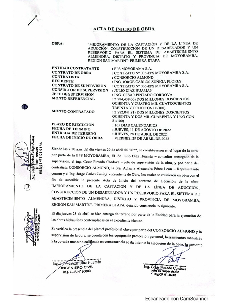 Acta de Inicio de Obra | PDF