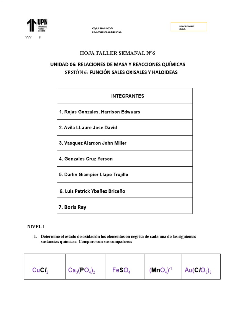Hoja Taller Grupal #6 Sales Oxisales y Haloideas | PDF | Sal (química) | Ácido