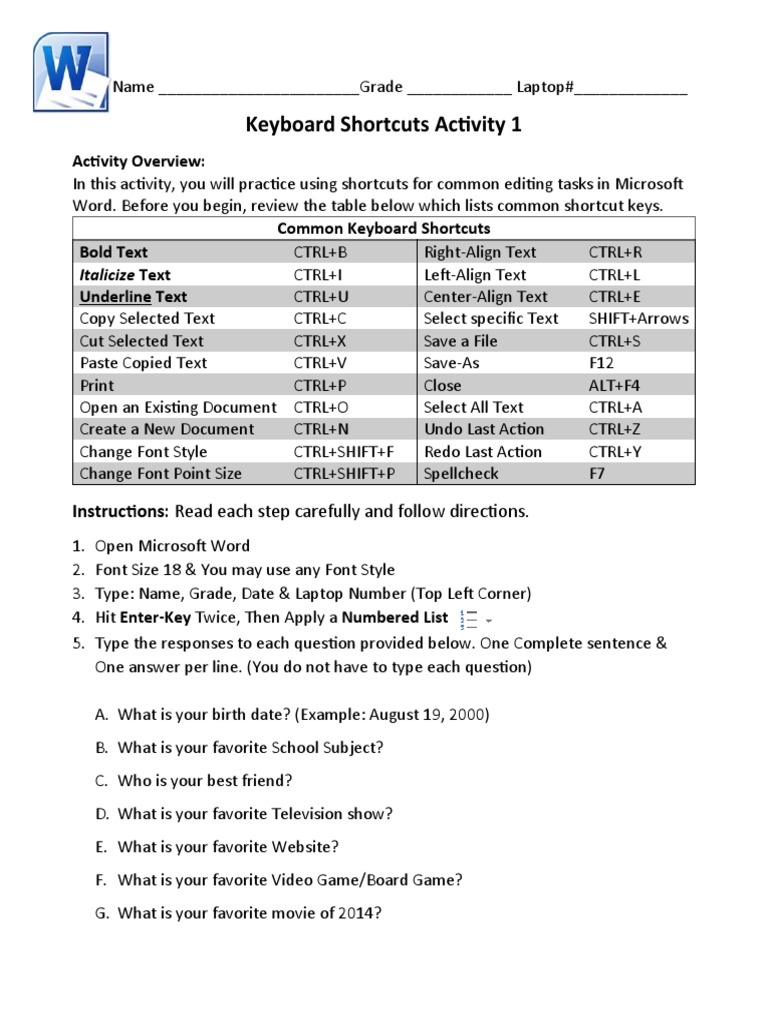 Activity Overview: Common Keyboard Shortcuts Bold Text Underline Text ...