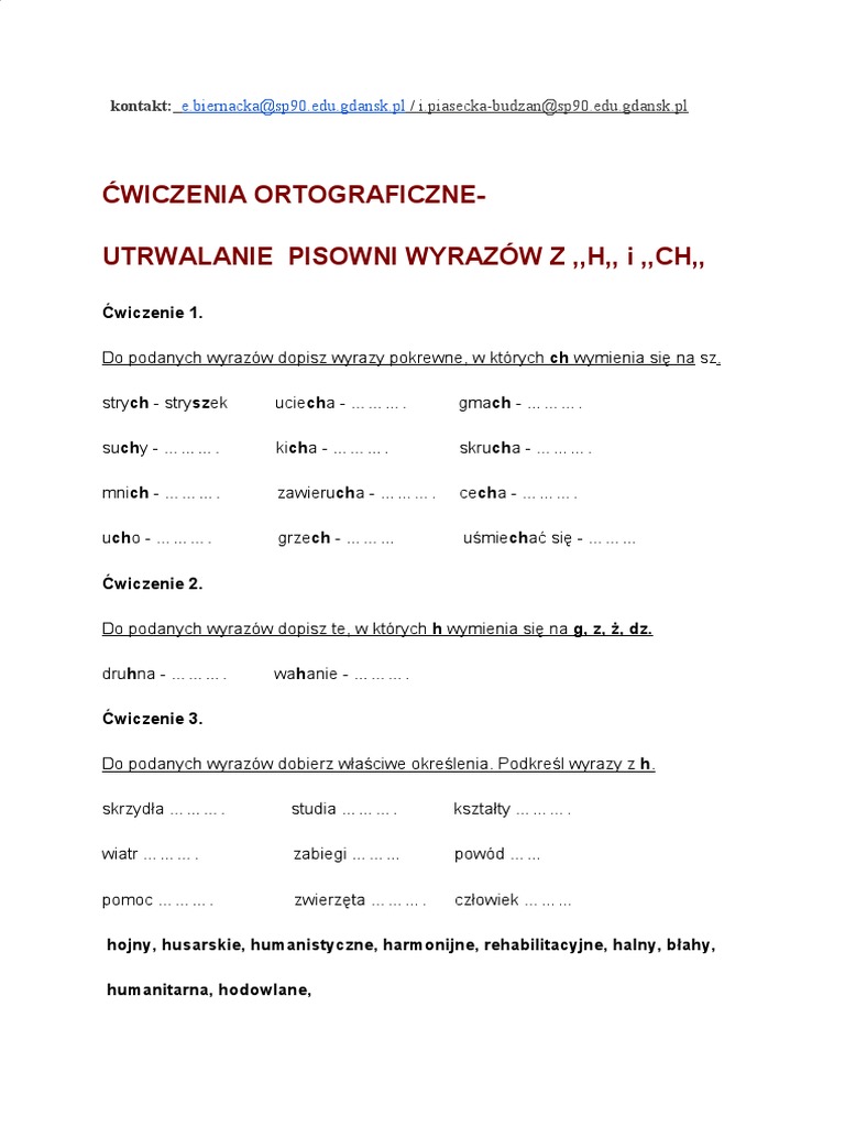 ĆWICZENIA ORTOGRAFICZNE-UTRWALANIE PISOWNI WYRAZÓW Z H I CH kl3 | PDF