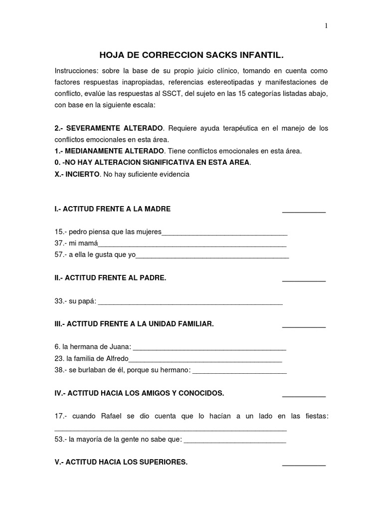 Evaluación Sacks Infantil | PDF