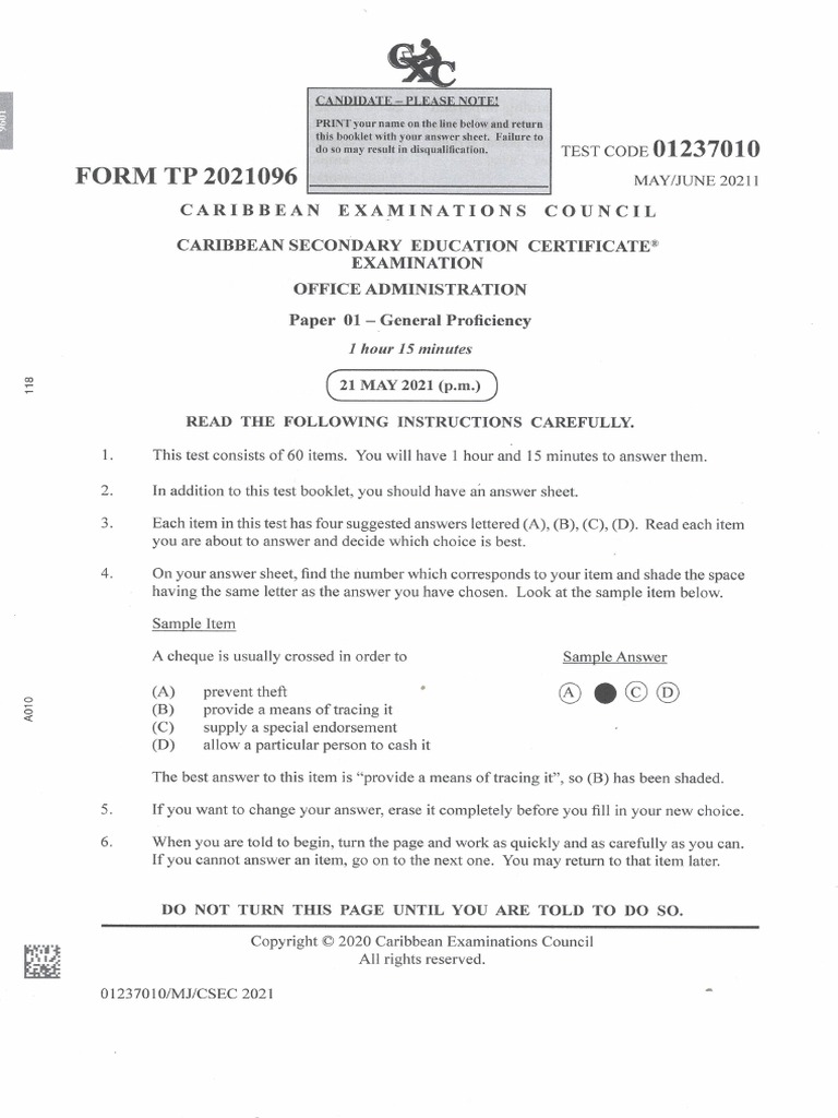 CSEC Office Administration June 2021 P1 | PDF