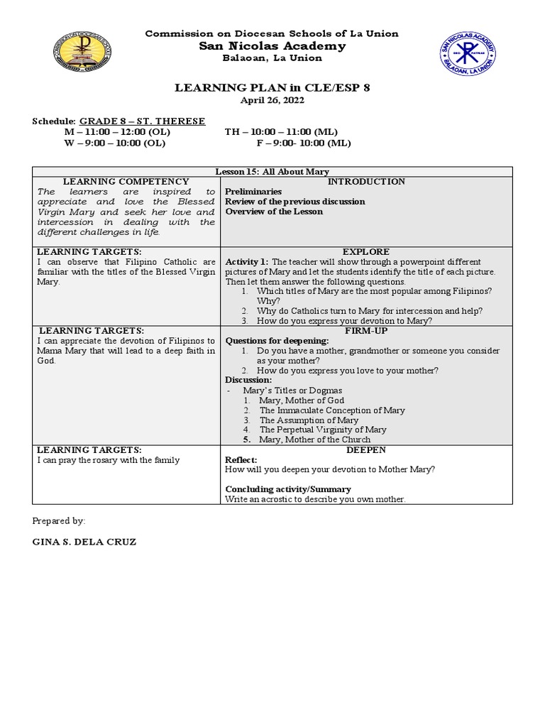 Commission on Diocesan Schools of La Union Learning Plan on All About Mary | PDF | Mary, Mother ...