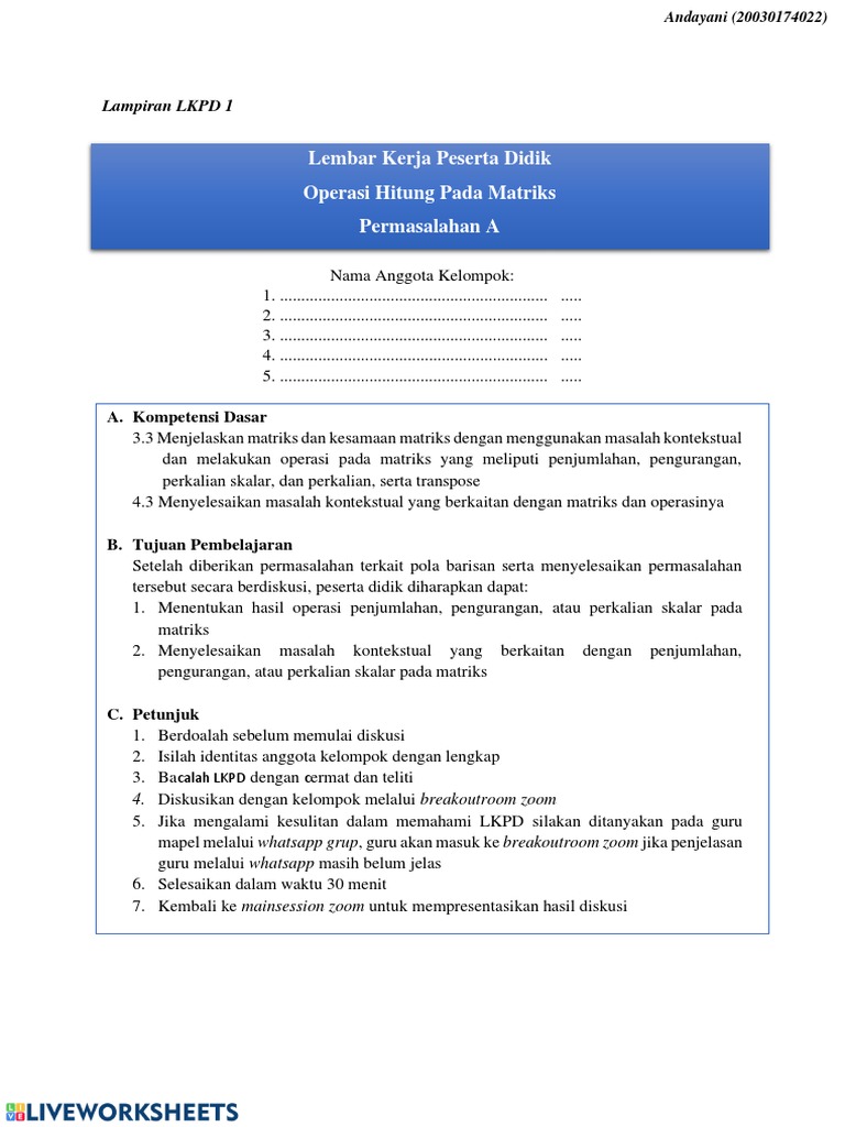 LKPD Perkalian Matriks 2 | PDF