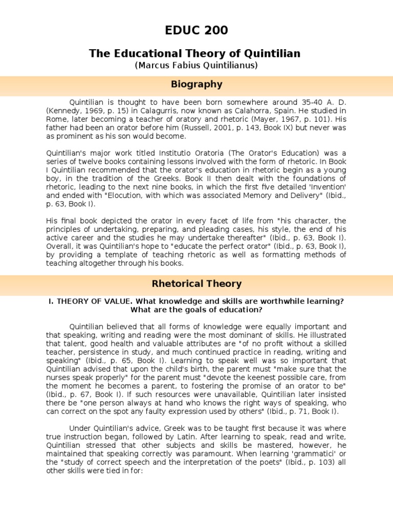 EDUC 200 The Educational Theory of Marcus Fabius Quintilianus | Download Free PDF | Rhetoric ...