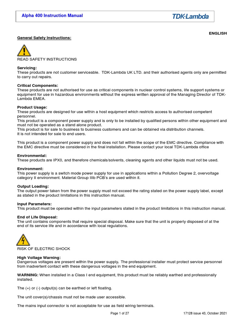 Alpha 400 Instruction Manual | PDF | Power Supply | Mains Electricity