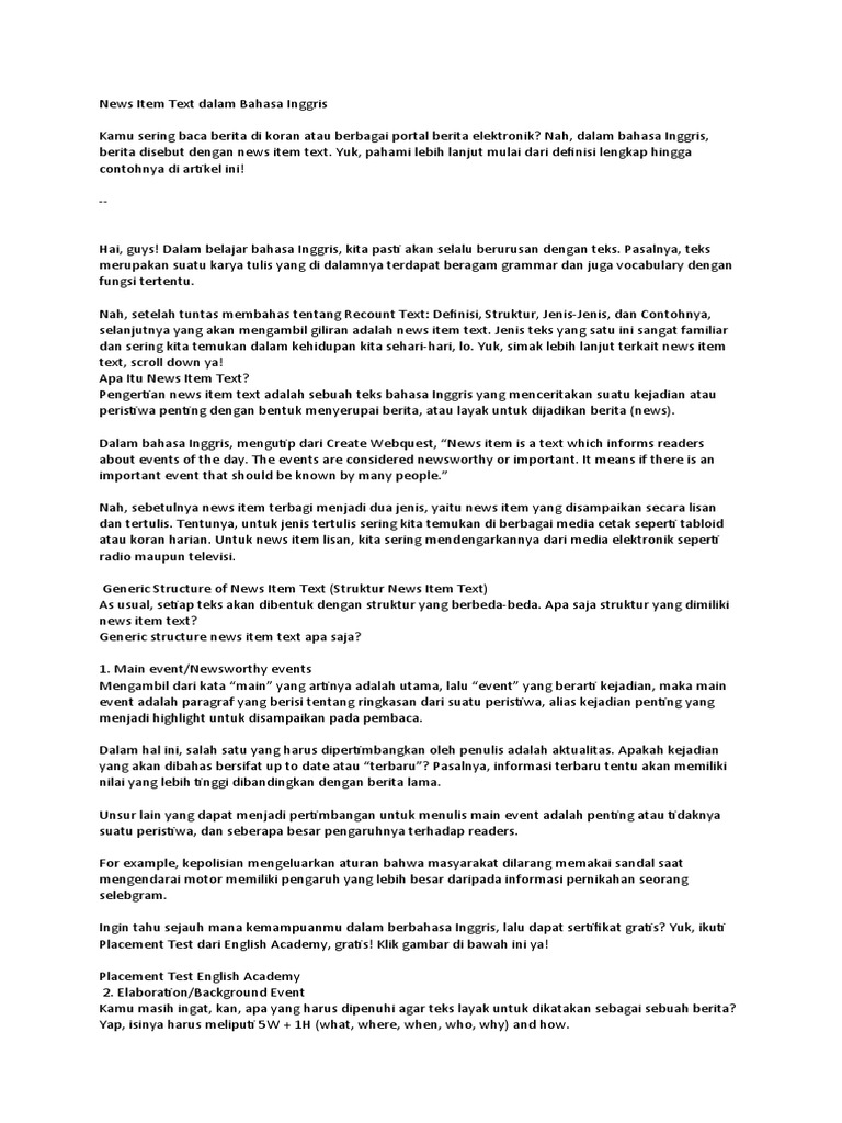 Struktur dan Contoh News Item Text | PDF | Seni & Disiplin Bahasa ...