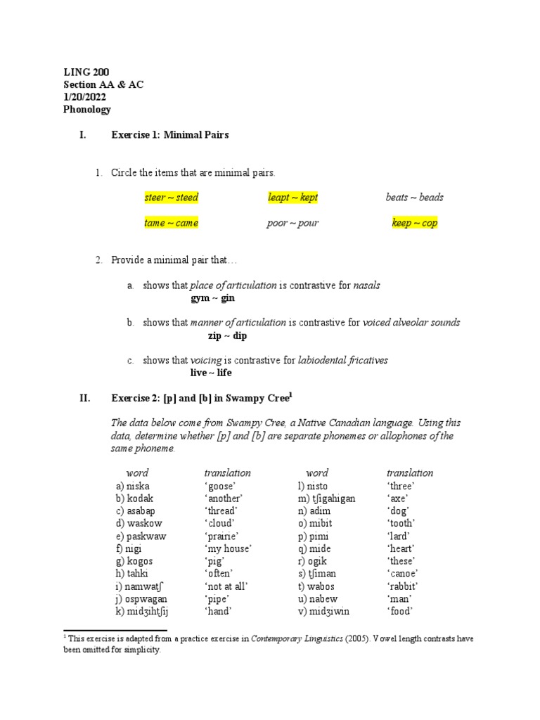 Phonology Exercises on Minimal Pairs | PDF | Phoneme | Languages