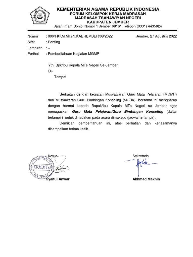 Undangan Penugasan MGMP | PDF