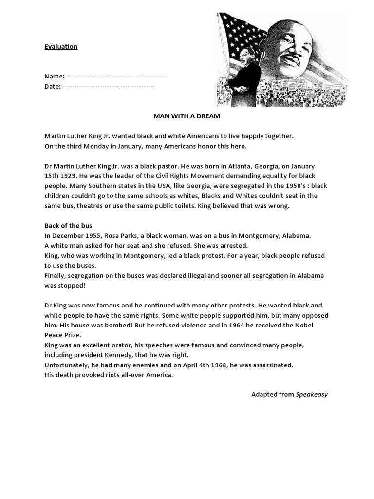 Man With A Dream Reading Comprehension Exercises Tests - 24600 | PDF ...