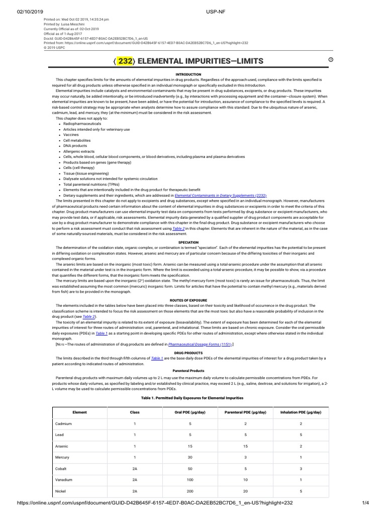 USP-NF 232 Elemental Impurities | PDF | Chemistry | Dose (Biochemistry)