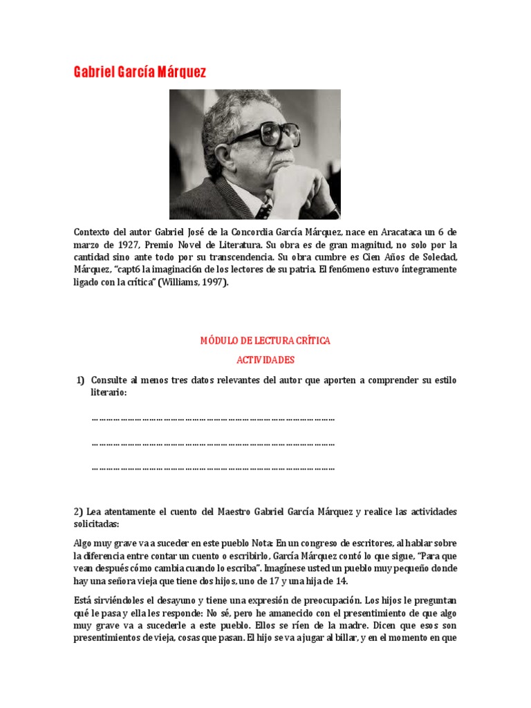 Gabriel García Márquez. ACTIVIDAD DE LECTURA CRITICA | PDF | Gabriel ...