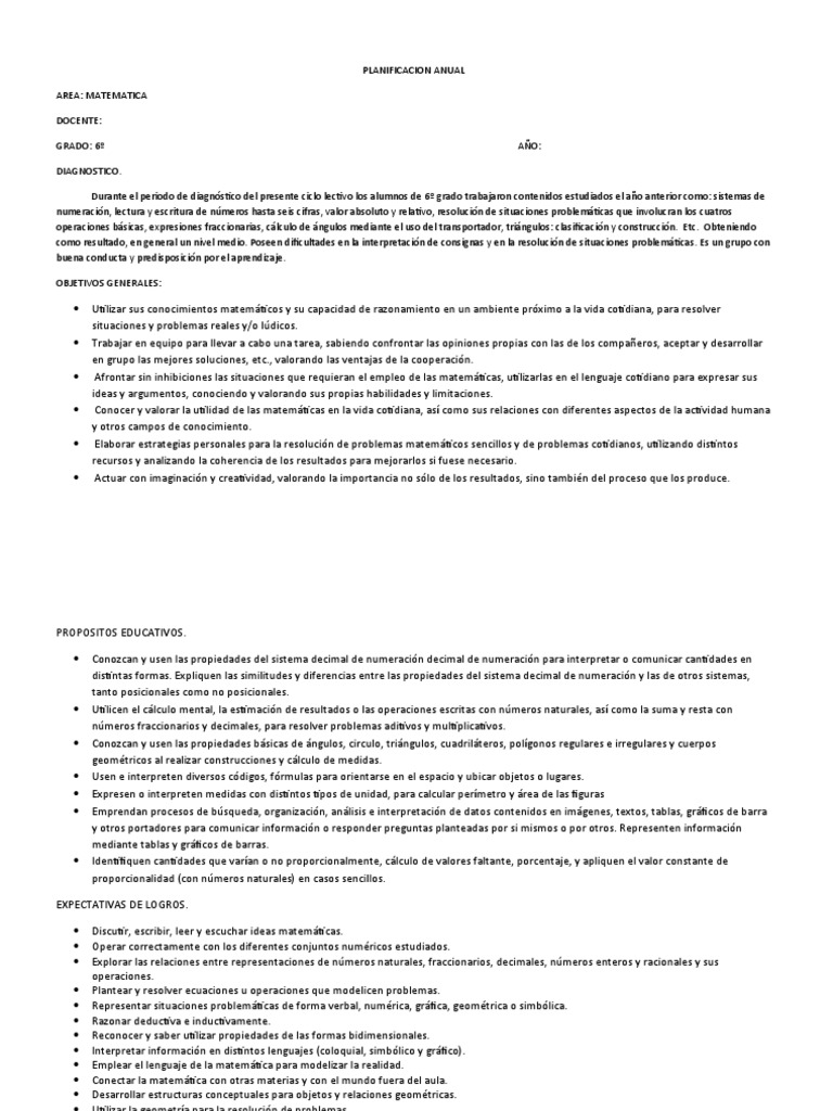 Planificación Anual Matemáticas 6º Grado Pdf Números División 1933