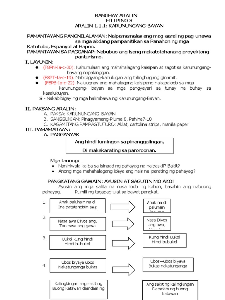 BANGHAY ARALIN Filipino 8 Unang Markahan | PDF