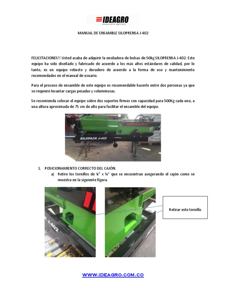 Manual Ensamble Siloprensa J-402 | PDF | Tornillo | Eje