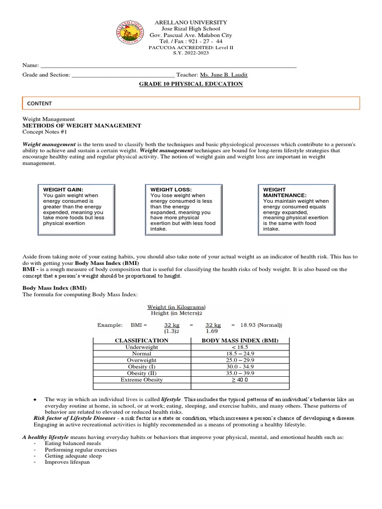 Grade 10 Physical Education: Weight Loss: Weight Gain: Weight ...