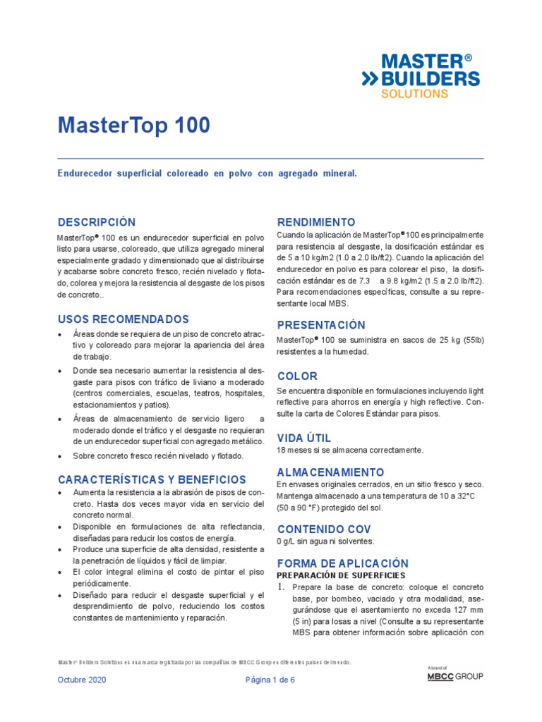 Mastertop 100 - Ficha Tecnica | Descargar gratis PDF | Hormigón | Agua