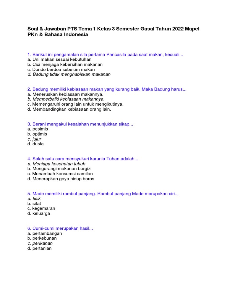 Soal & Jawaban PTS Tema 1 Kelas 3 Semester 1 2022 - 2023 - Sinau-Thewe - comREV | PDF