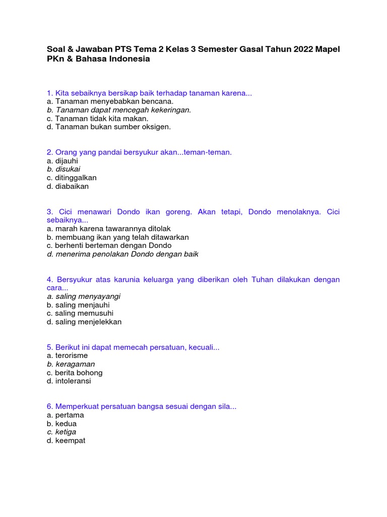 Soal & Jawaban PTS Tema 2 Kelas 3 Semester 1 2022 - 2023 - Sinau-Thewe - comREV | PDF