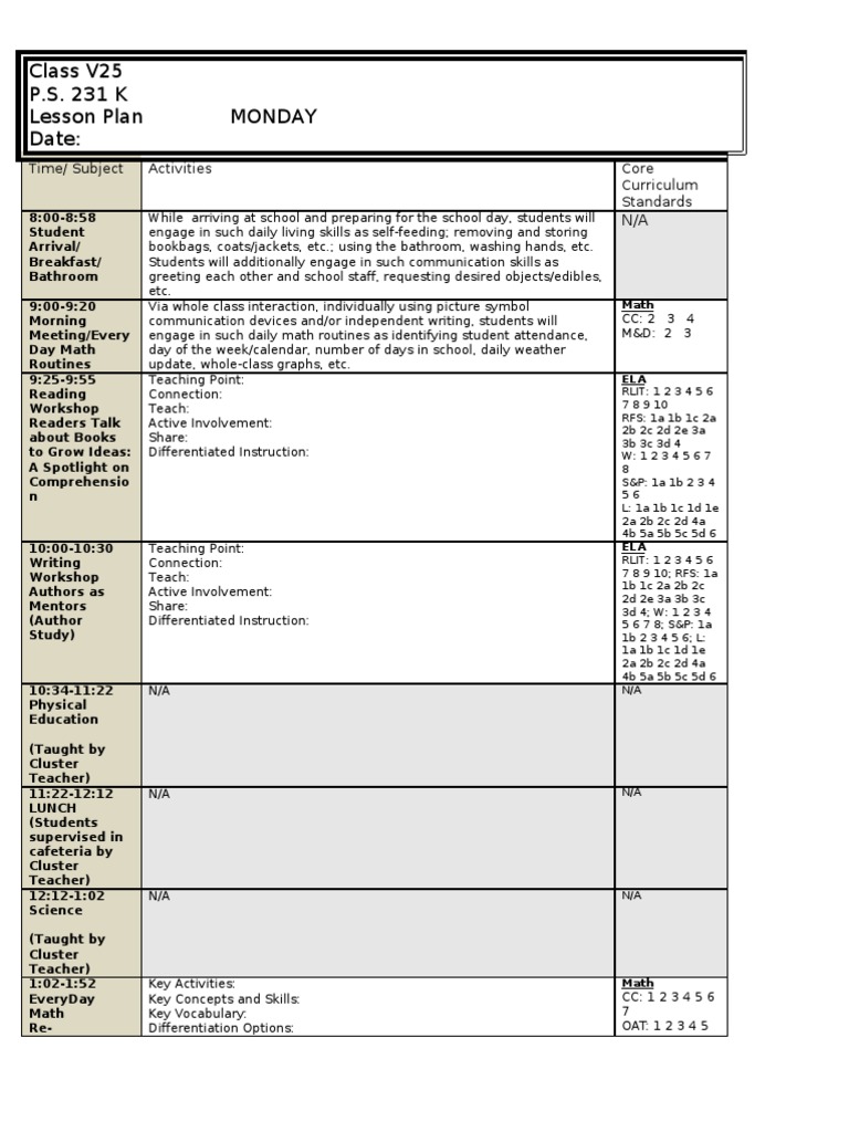 Class V25 P.S. 231 K Lesson Plan Monday Date:: Time/ Subject Activities ...