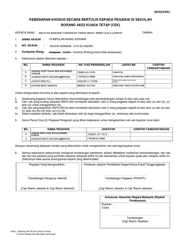 Borang Ak52 Kuasa Tetap (Cek) KWS | PDF