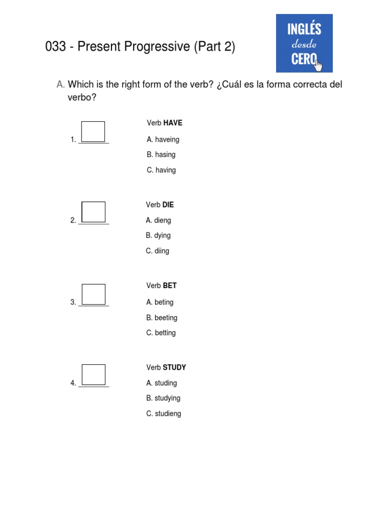 033 Present Progressive Part 2 Ejercicios Download | PDF | Language ...