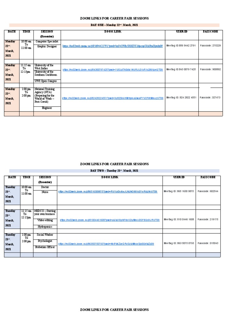 Zoom Links For Career Fair Sessions | PDF